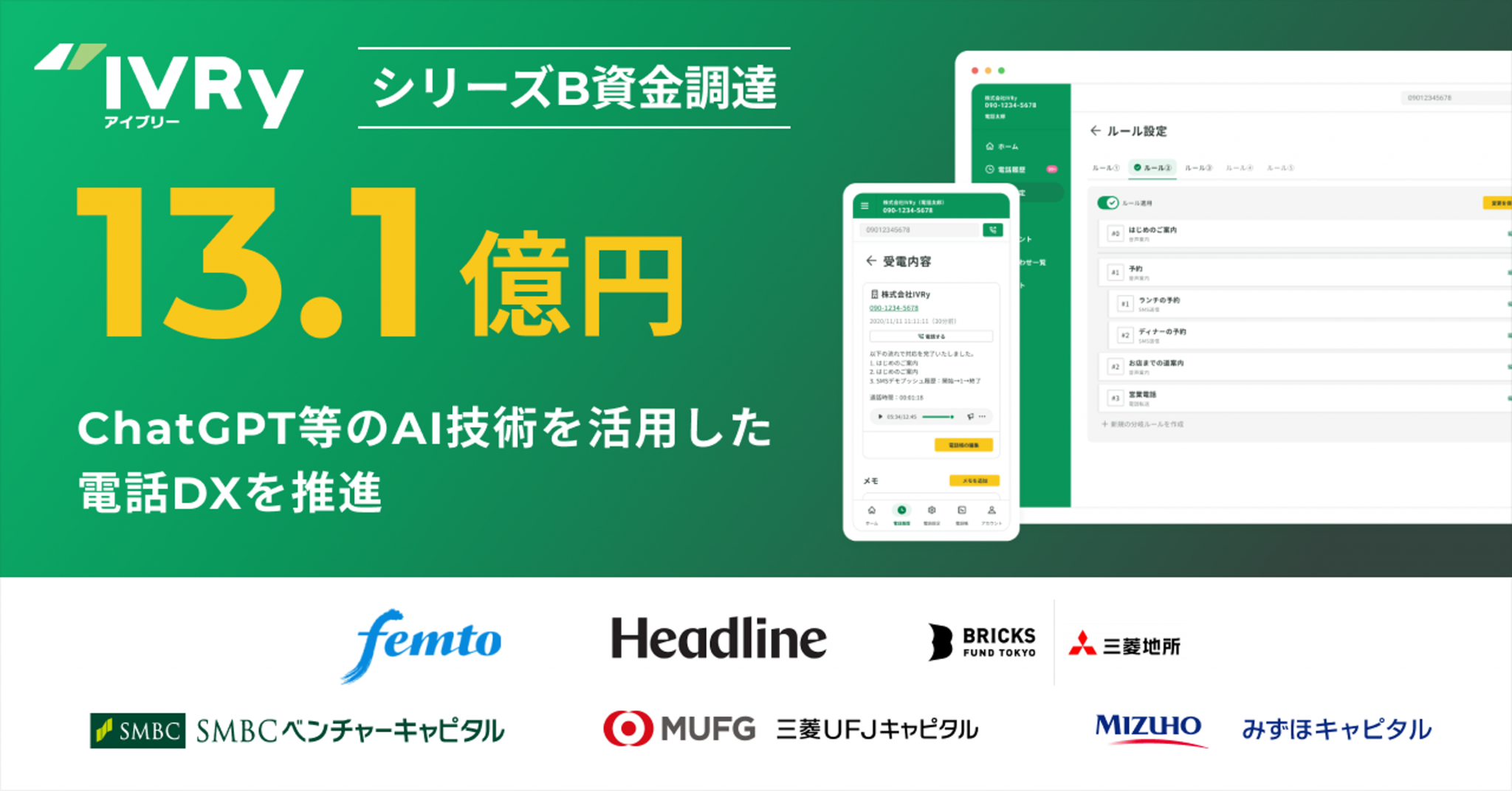 電話DXのIVRyが13億円を資金調達。AI音声認識・ChatGPTを活用した通話音声要約機能をリリース