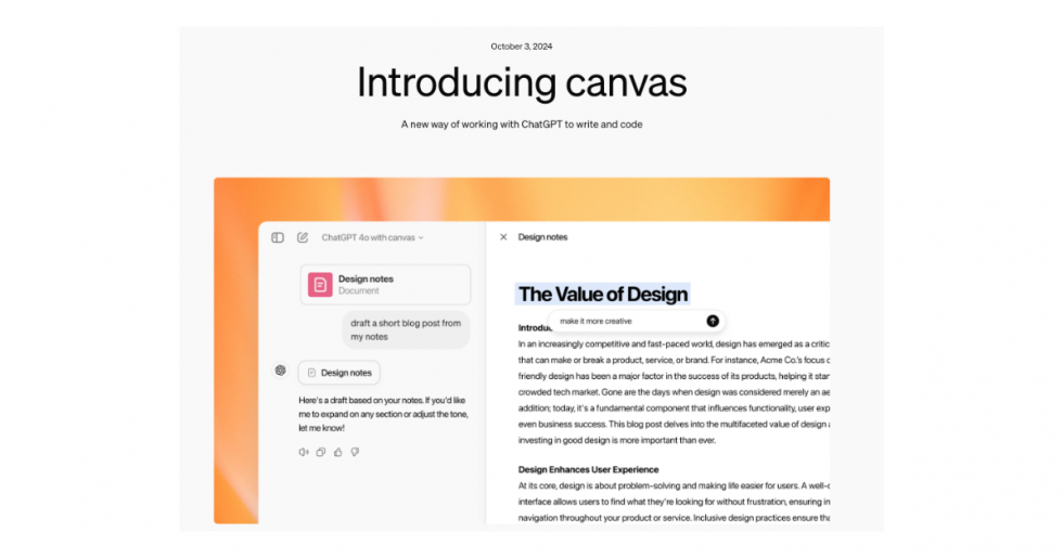 OpenAI⁠⁠、ChatGPTの新機能「canvas」をリリース。執筆やコーディング作業を支援