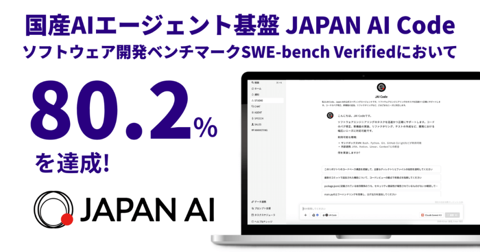 国産AIエージェント基盤「JAPAN AI Code」、ソフトウェア開発ベンチマークにおいて世界最高水準のスコアを達成